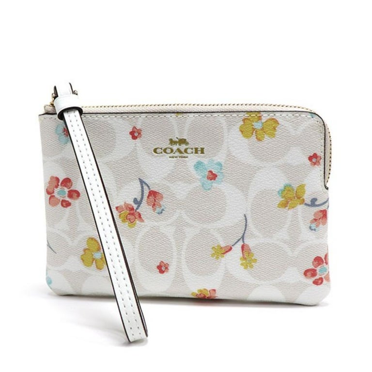 NEW Coach White Corner Zip Mystical Floral Signature Canvas Wristlet ...