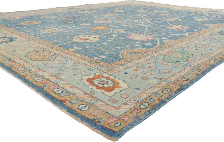 New Colorful Blue Oushak Rug with Modern Style For Sale at 1stDibs