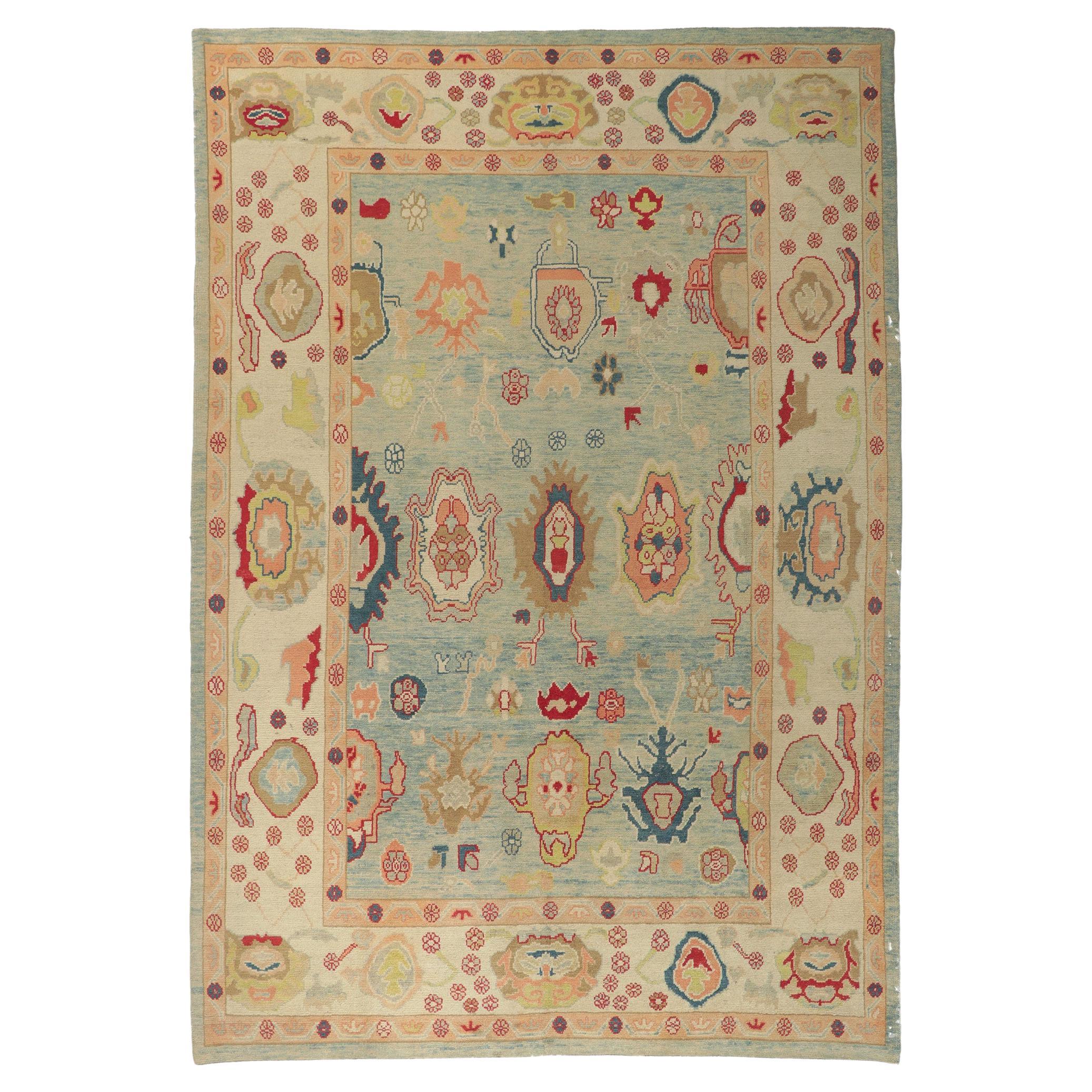 Rustic Farmhouse New Turkish Oushak Area Rug with Colorful Geometric ...