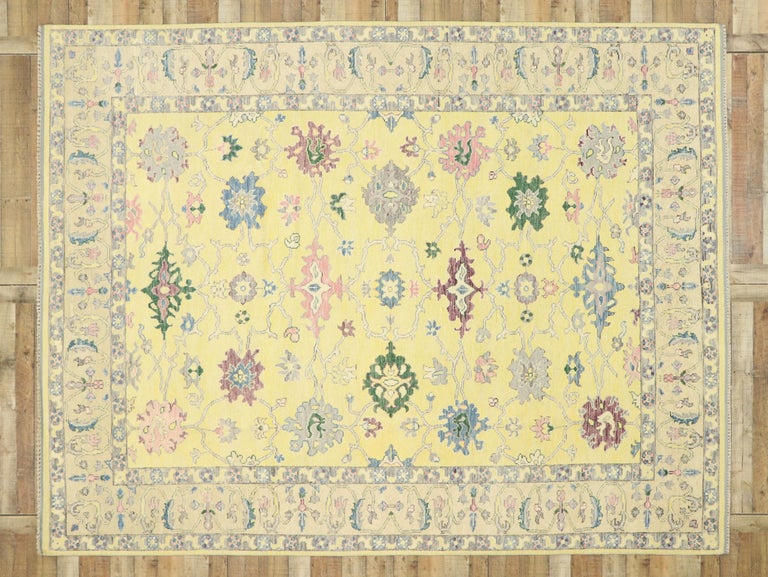 New Contemporary Colorful Yellow Oushak Rug with Modern Pastel Style ...