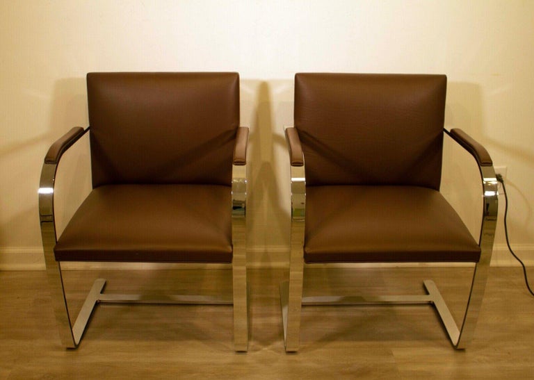 New Contemporary Knoll Brown Leather and Chrome Brno Chairs W/ Arm Pads ...