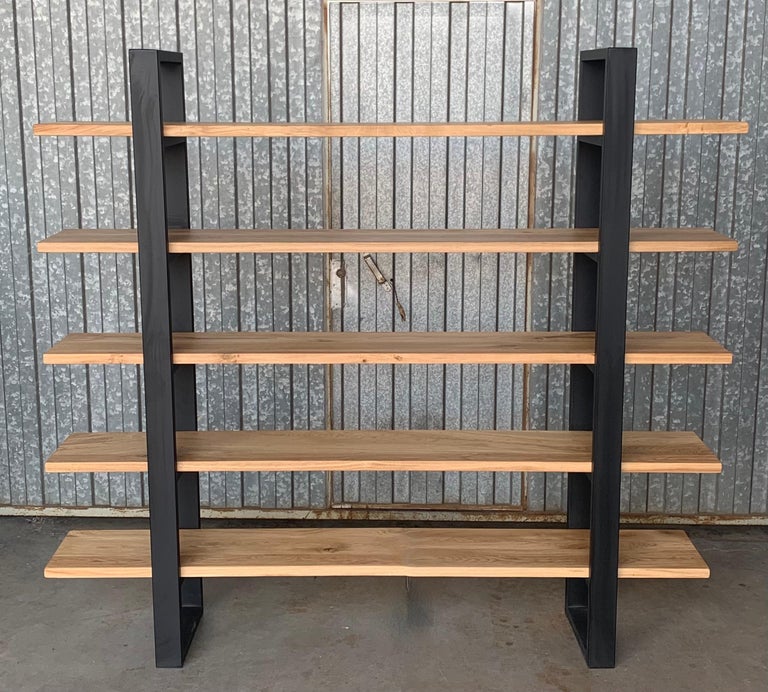 New Custom Etagere with Three Oak Shelves and Iron Structure at 1stDibs