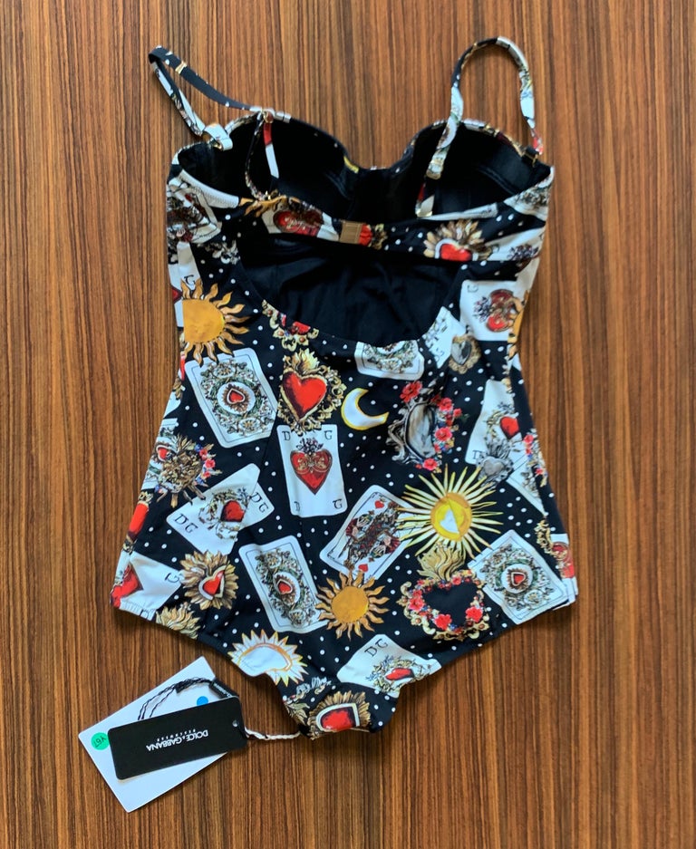 New Dolce And Gabbana Black Playing Card Print One Piece Bathing Suit