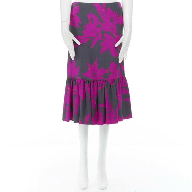 new DRIES VAN NOTEN AW14 grey pink floral print ruffle hem midi silk ...