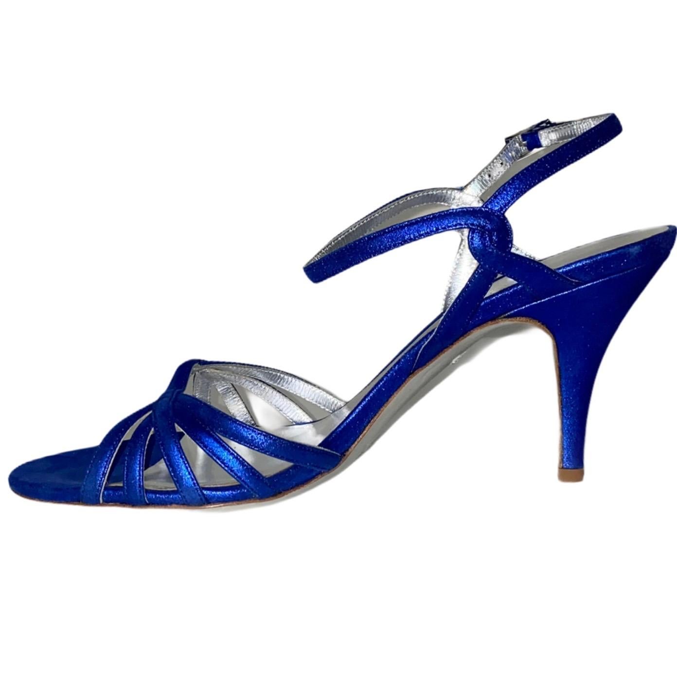 NEW Escada Blue Metallic Leather Strappy High Heels Sandals 38 For Sale ...
