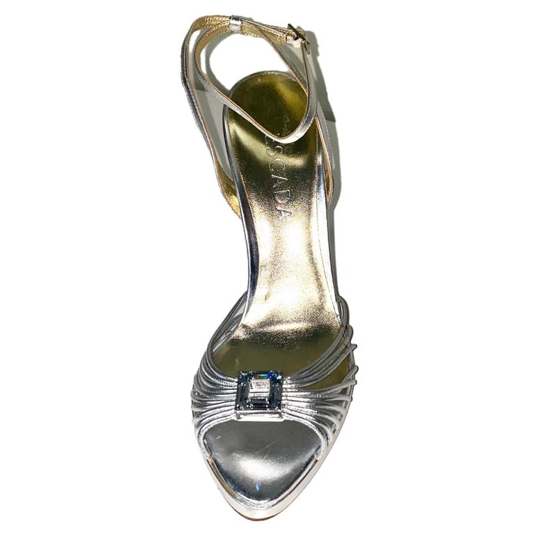 UNWORN Escada Silver Metallic Leather Strappy Stiletto High Heels ...