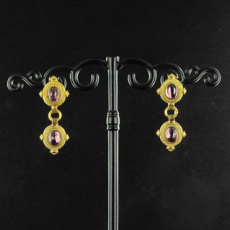 New Etruscan Style Vermeil Red Stone Drop Earrings For Sale at 1stDibs