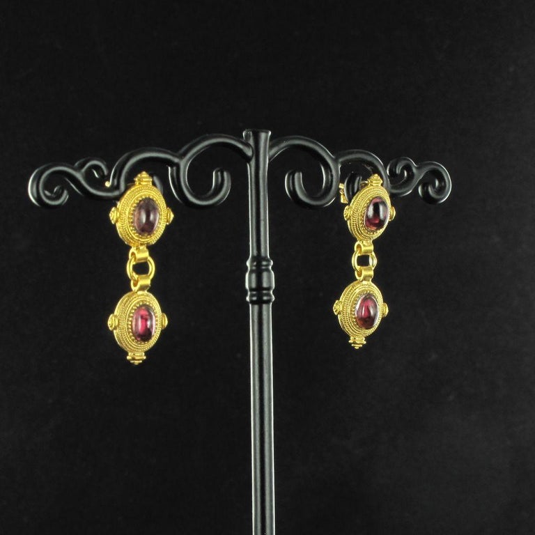 New Etruscan Style Vermeil Red Stone Drop Earrings For Sale at 1stDibs