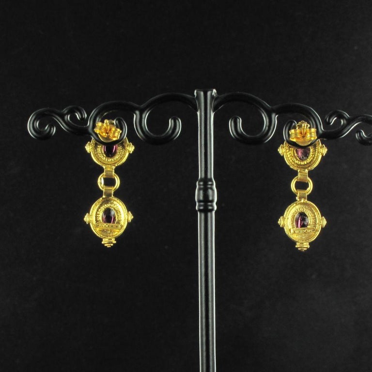 New Etruscan Style Vermeil Red Stone Drop Earrings For Sale at 1stDibs