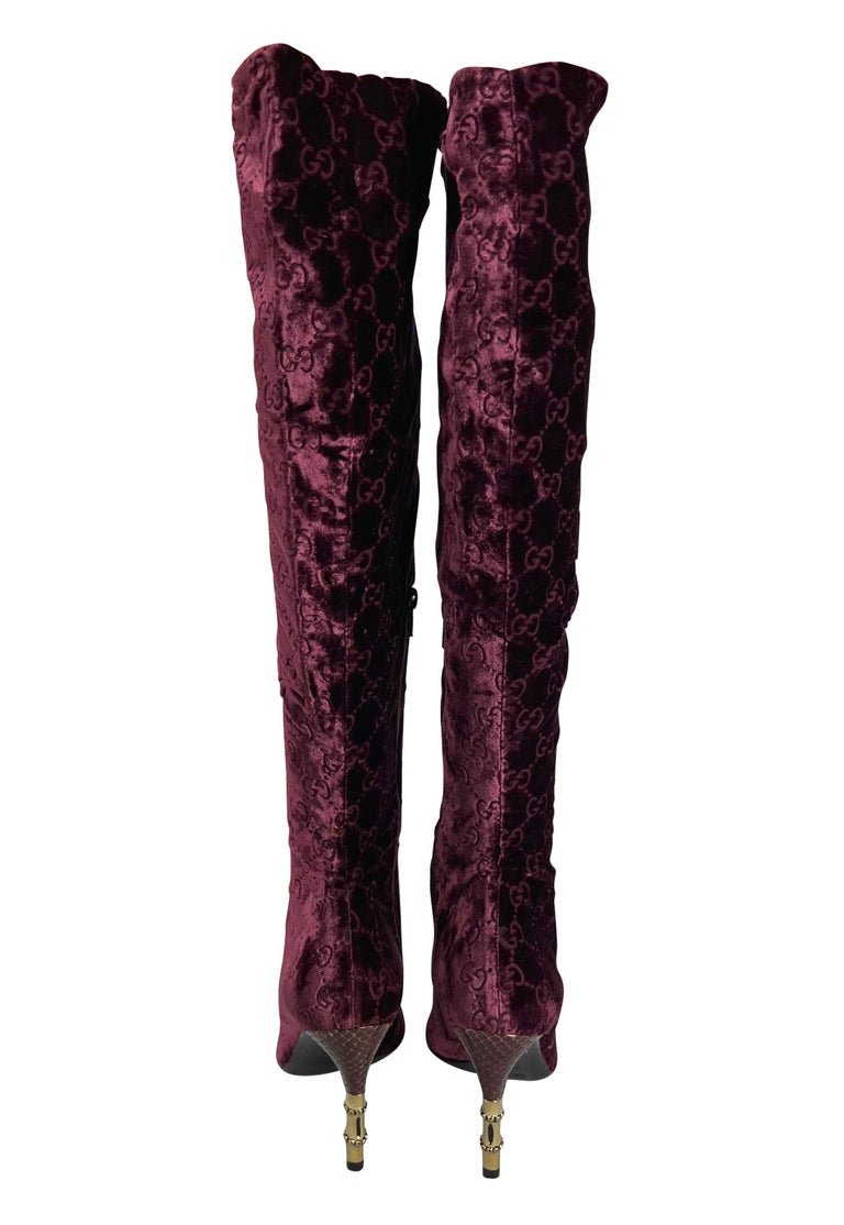 NEW F/W 2004 Gucci by Tom Ford Burgundy Velvet 'GG' Monogram Heel Boots ...