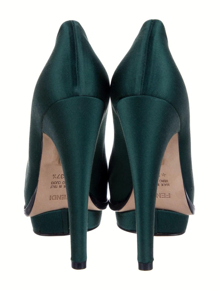 New Fendi Deep Green Satin Platform Pumps Heels Size 37.5 $1050 For ...