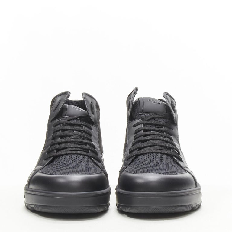 new FENDI FF Zucca monogram black leather mesh trim high top sneaker UK9 EU43 For Sale at 1stDibs