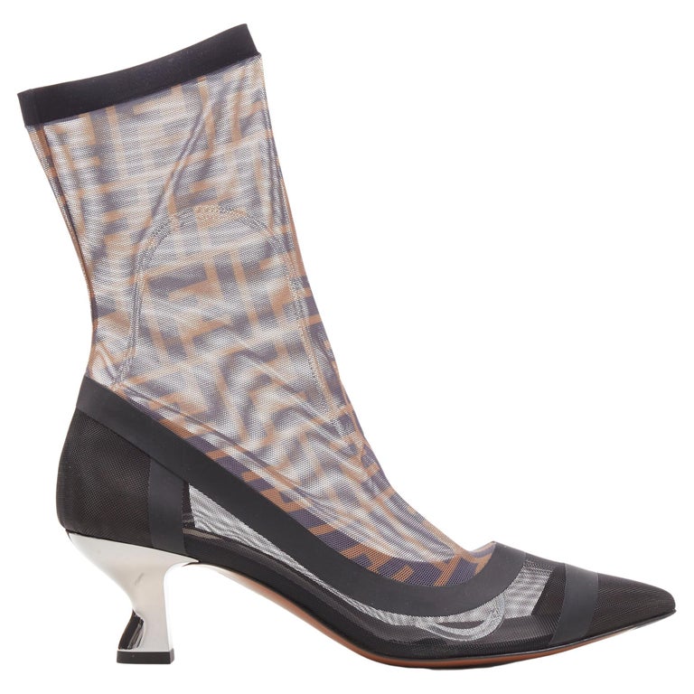 new FENDI FF Zucca monogram sheer sock black kitten heel bootie pump EU39 at 1stDibs