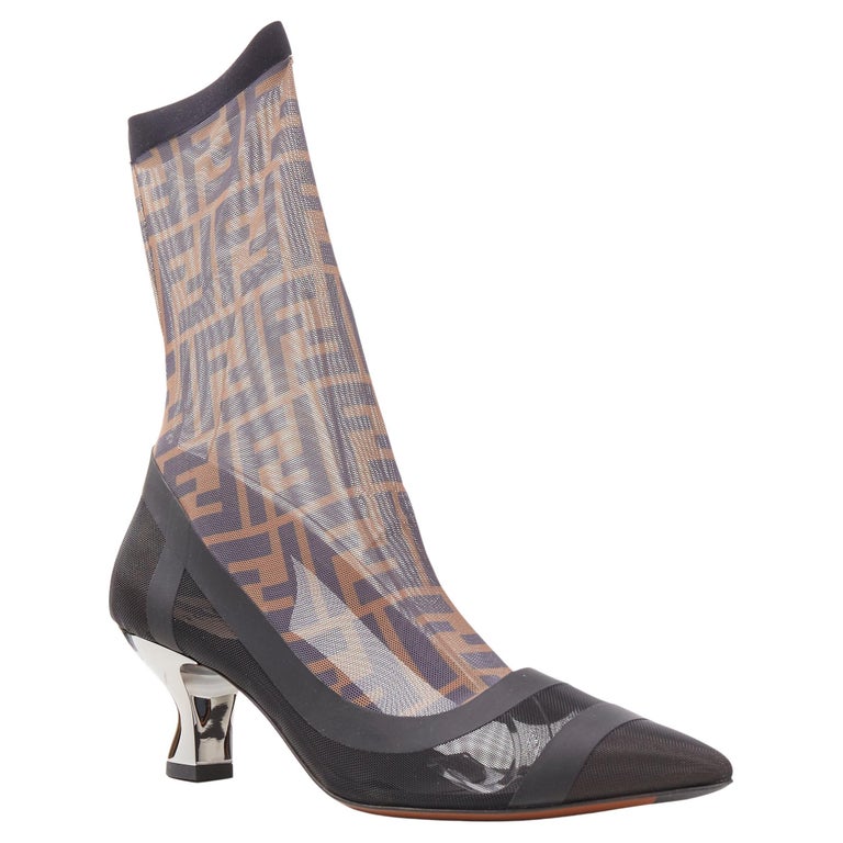 new FENDI FF Zucca monogram sock black silver kitten heel bootie pump EU38.5 at 1stDibs