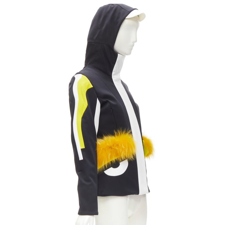 new FENDI Monster Bug Eye black yellow fur trim ski jacket IT38 XS For Sale at 1stDibs