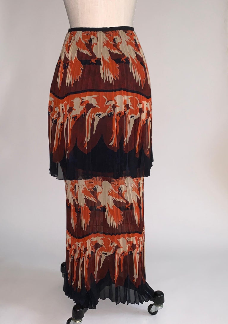 New Fendi Parakeet Print Silk Pleat Two Tier Skirt in Black, Orange and ...