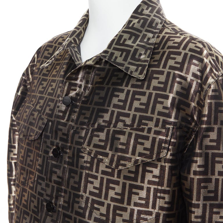 new FENDI rare metallic gold FF Zucca monogram logo woven trucker jacket IT52 XL at 1stDibs
