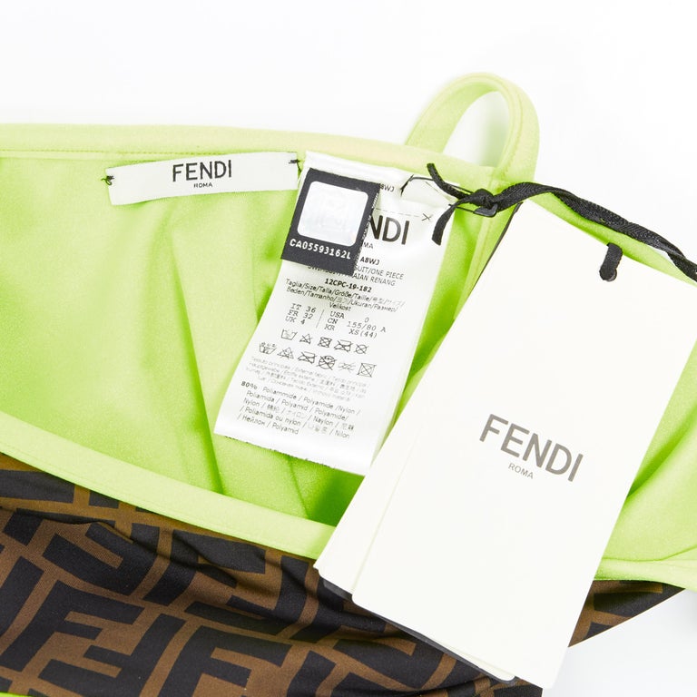 new FENDI Roma Amor brown Zucca neon yellow trimmed one piece swimsuit ...