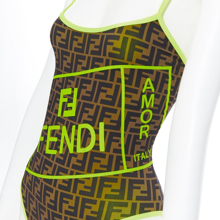 new FENDI Roma Amor brown Zucca neon yellow trimmed one piece swimsuit ...
