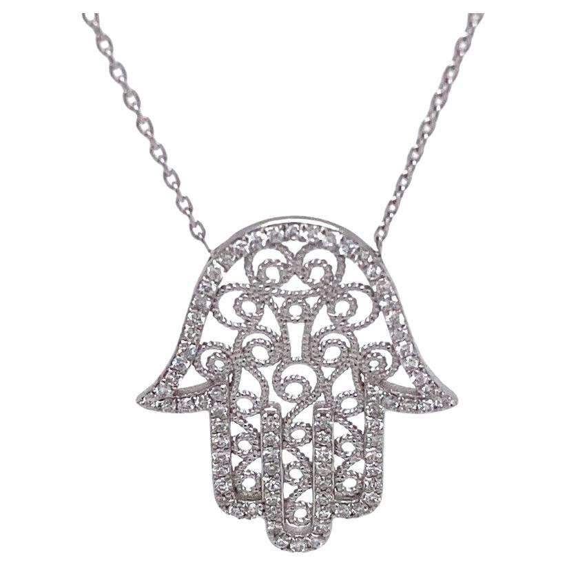 New Fine Quality 14ct White Gold Diamond Set Hamza Hand Pendant with 0 ...