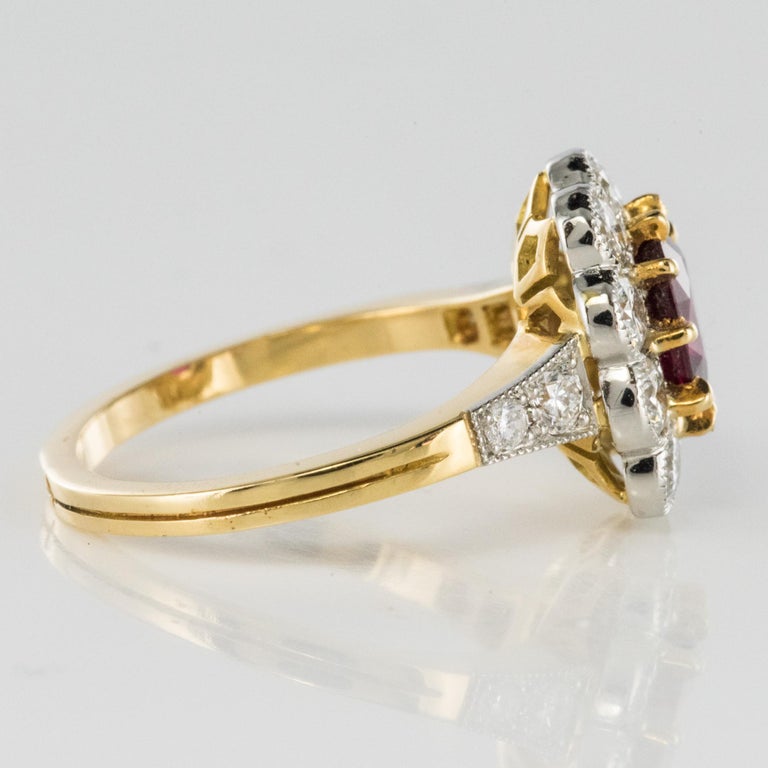 French Ruby Diamond 18 Karat Yellow Gold Platinum Daisy Ring at 1stDibs