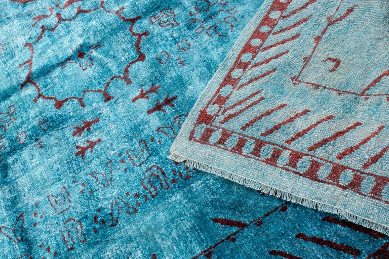 New Geometric Blue and Red Wool Rug with Dogwood Floral Patterns at 1stDibs