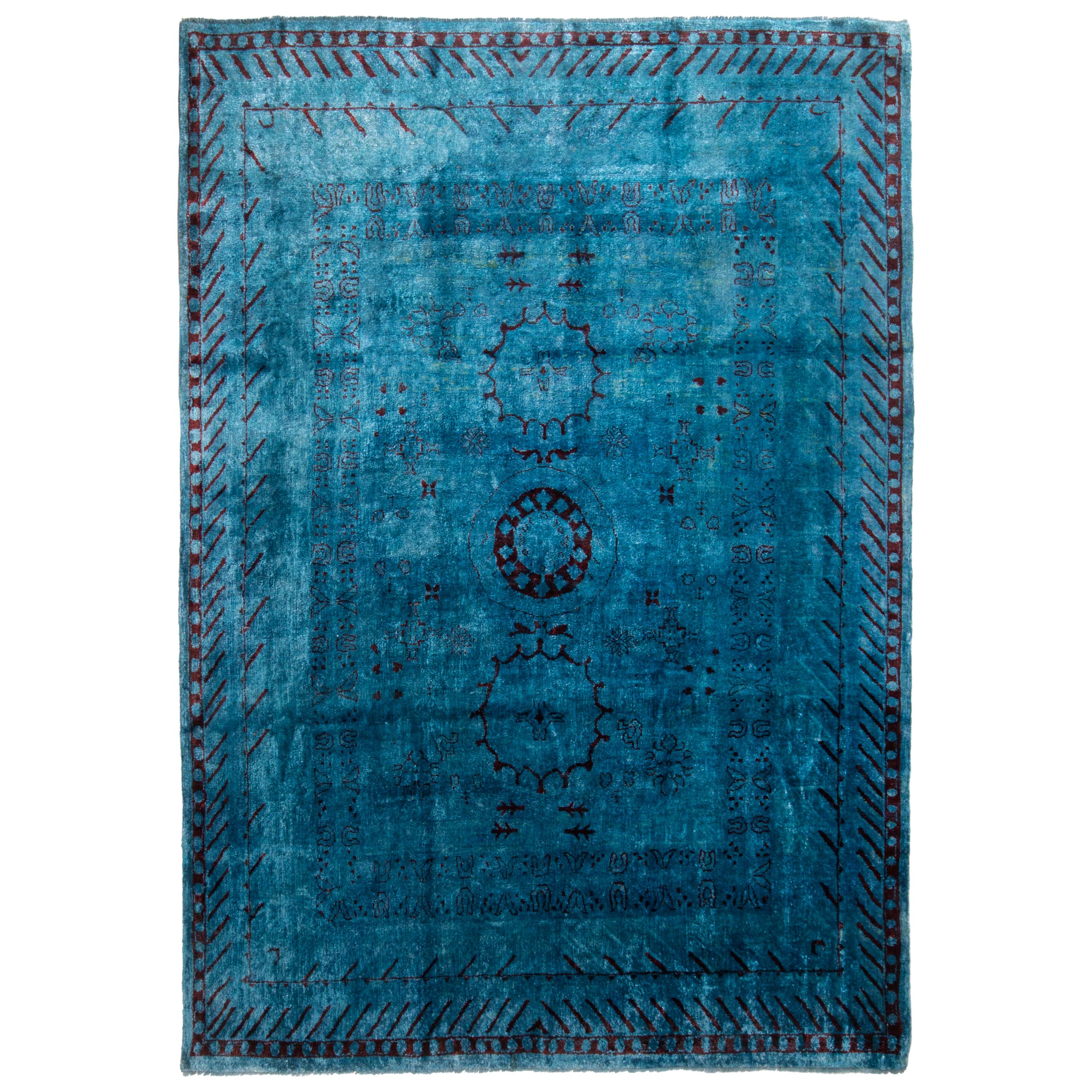 New Geometric Blue and Red Wool Rug with Dogwood Floral Patterns at 1stDibs