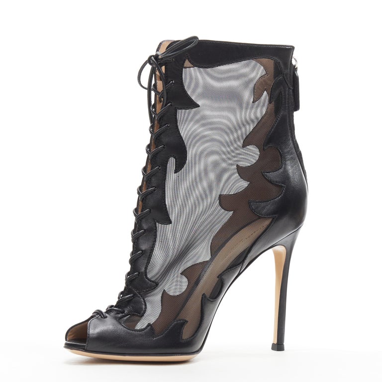 New Gianvito Rossi Black Sheer Flame Leather Peep Toe Lace Up Ankle Bootie Eu38 For Sale At 1stdibs