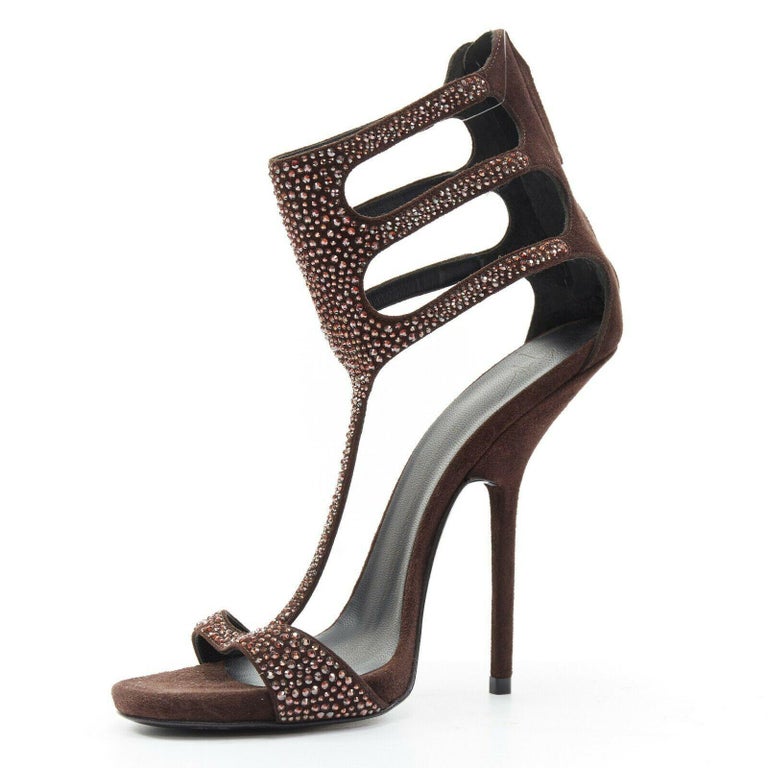 new GIUSEPPE ZANOTTI brown crystal strass T-strap curved heel sandal ...