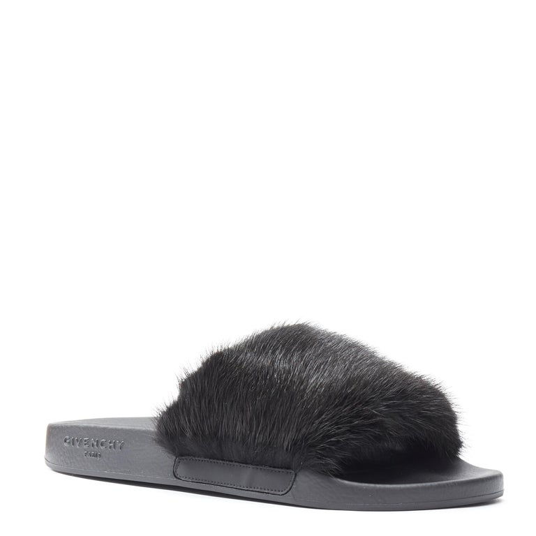 new GIVENCHY black Vison Mink fur logo outsole rubber pool slides ...