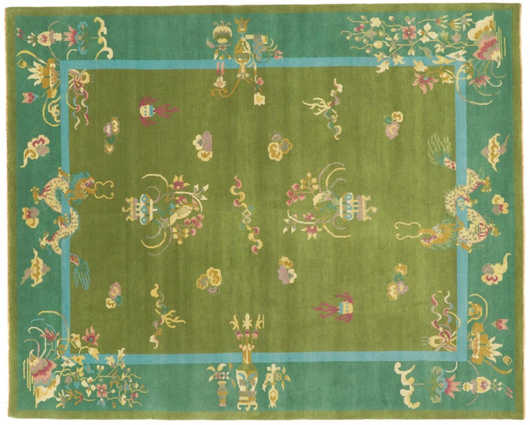 New Green Chinese Art Deco Rug with Maximalist Style For Sale at 1stDibs