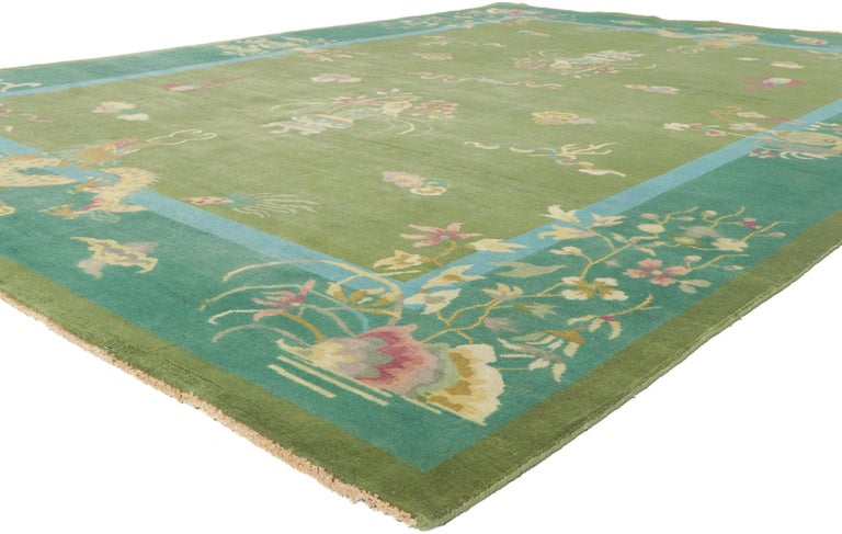 New Green Chinese Art Deco Rug with Maximalist Style For Sale at 1stDibs