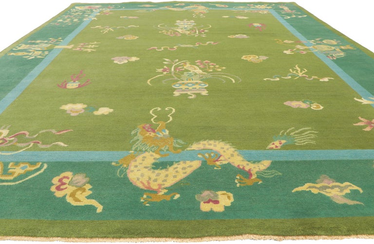 New Green Chinese Art Deco Rug with Maximalist Style For Sale at 1stDibs