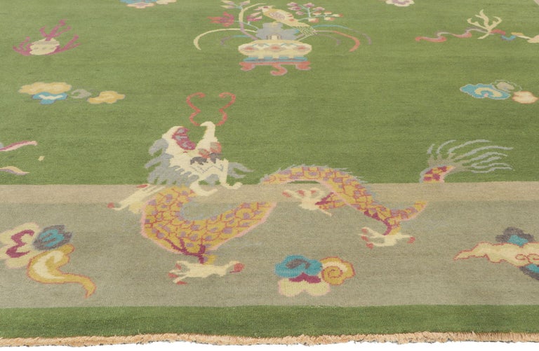 New Green Chinese Art Deco Rug with Maximalist Style For Sale at 1stDibs