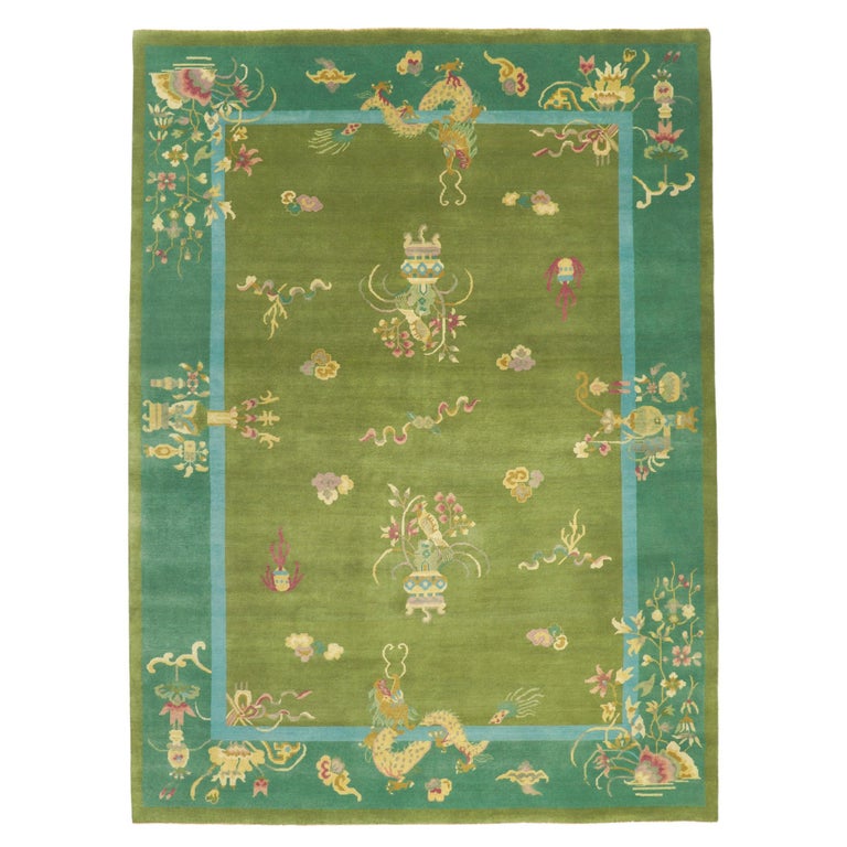 New Green Chinese Art Deco Rug with Maximalist Style For Sale at 1stDibs