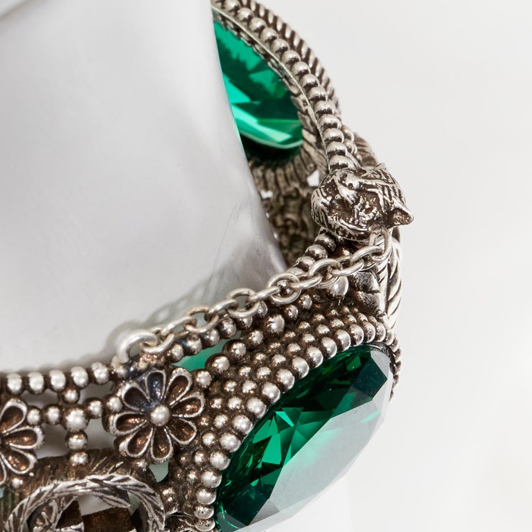 new GUCCI Alessandro Michele GG logo green crystal antique silver ...