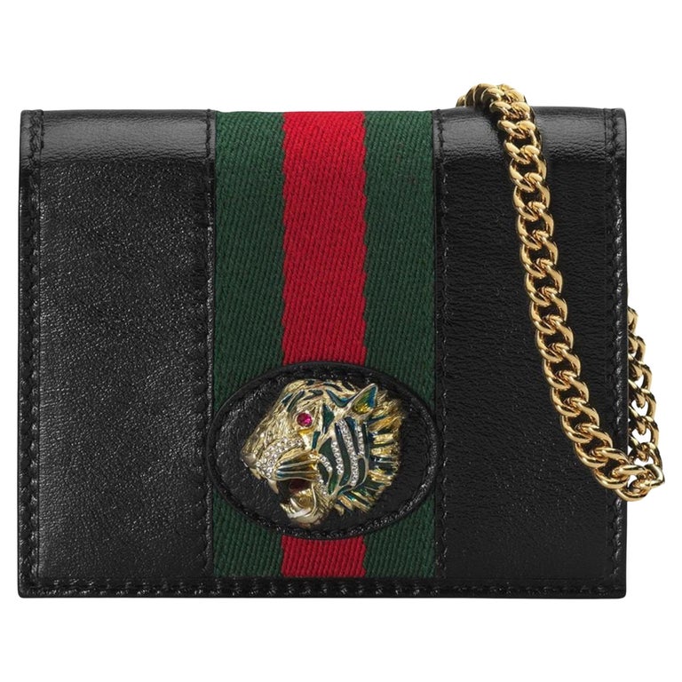 NEW Gucci Black Rajah Web Stripes Tiger Head Plaque Leather Wallet on ...