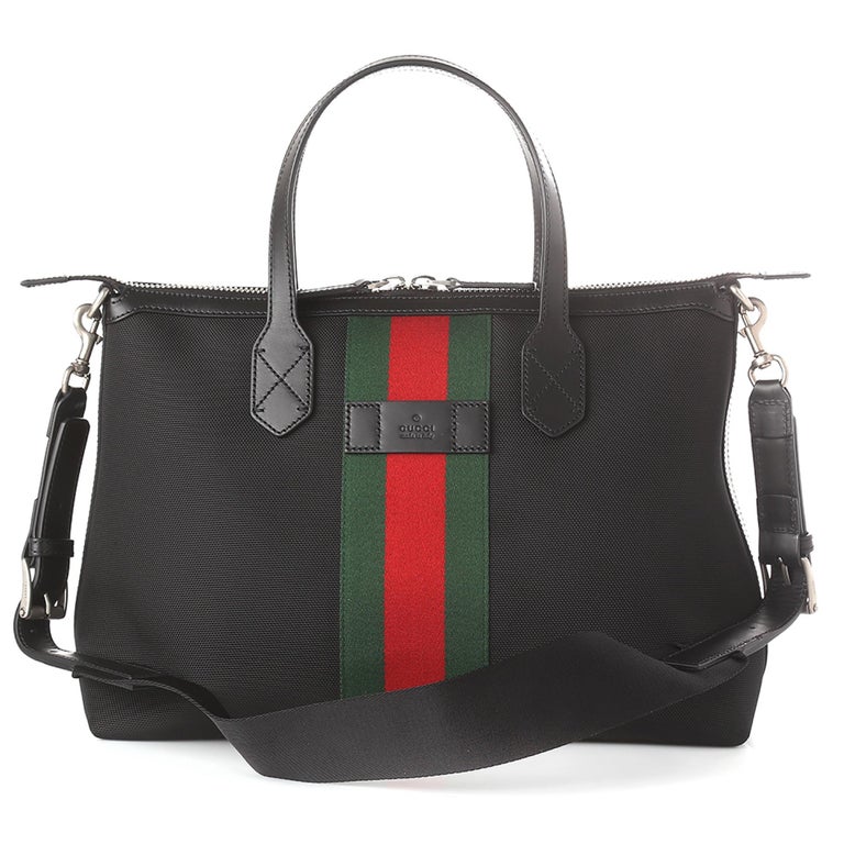 NEW Gucci Black Web Stripe Top Handle Canvas Tote Shoulder Bag For Sale ...