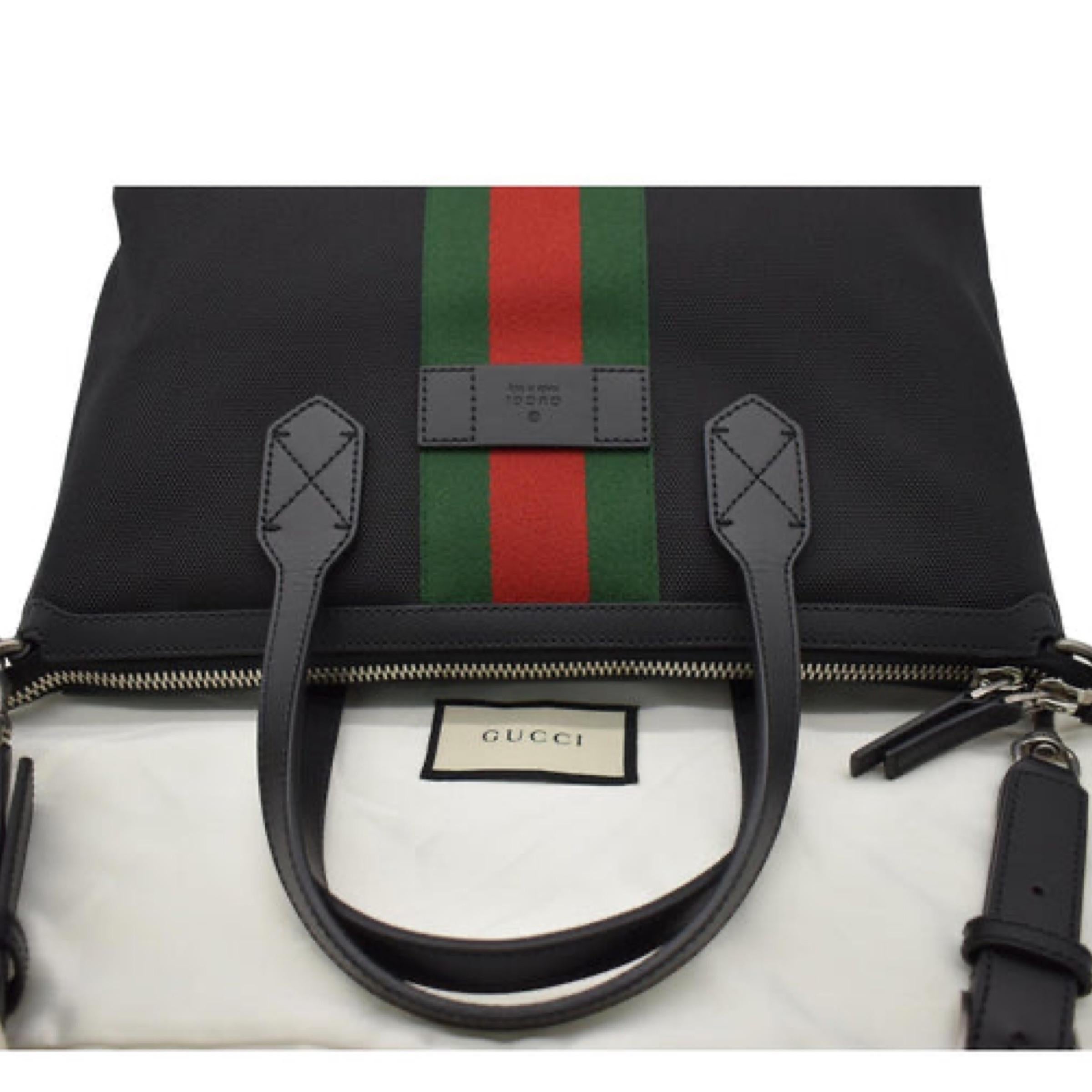 NEW Gucci Black Web Stripe Top Handle Canvas Tote Shoulder Bag For Sale ...