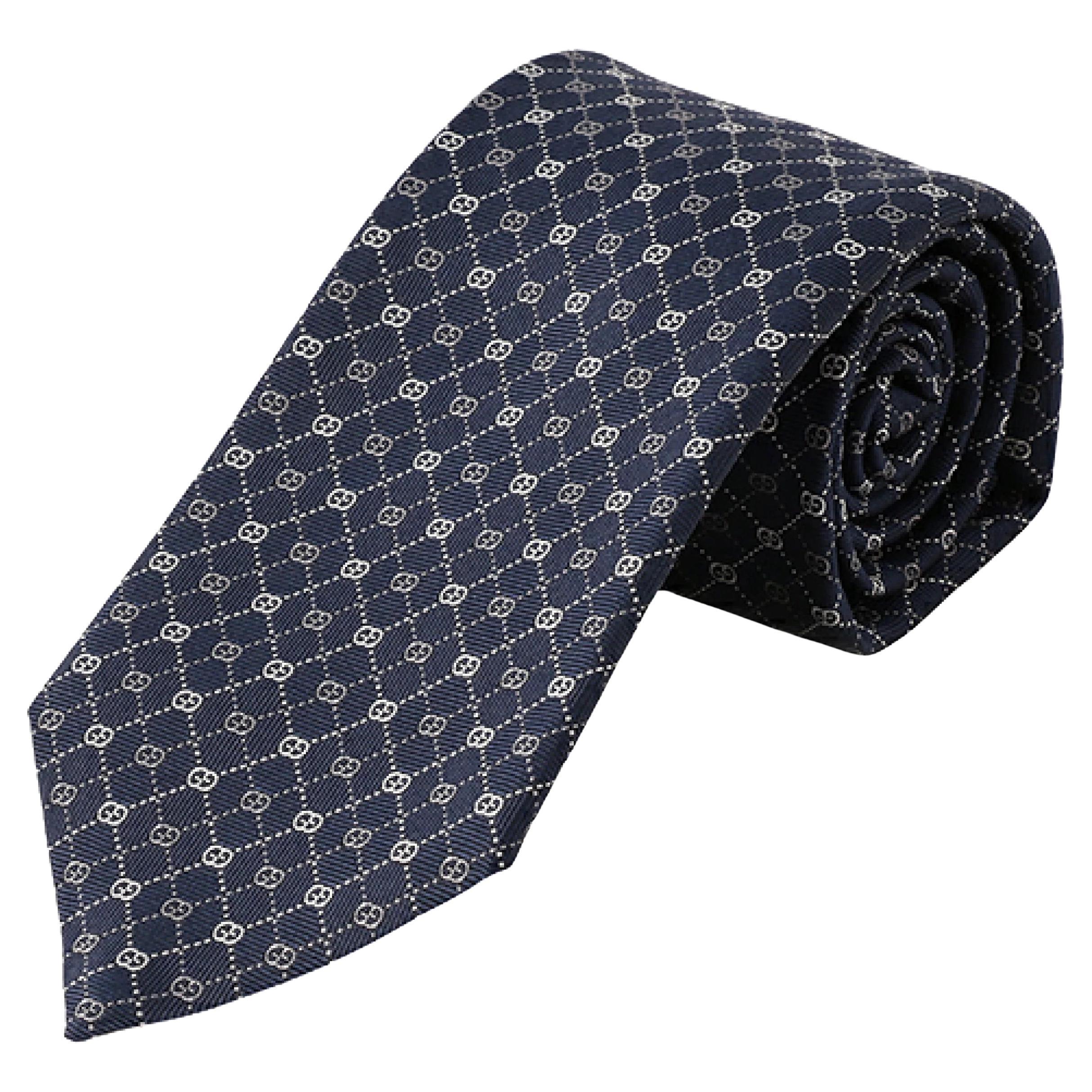 GUCCI Blue and Taupe Interlock G Monogram Print Silk Tie at 1stDibs