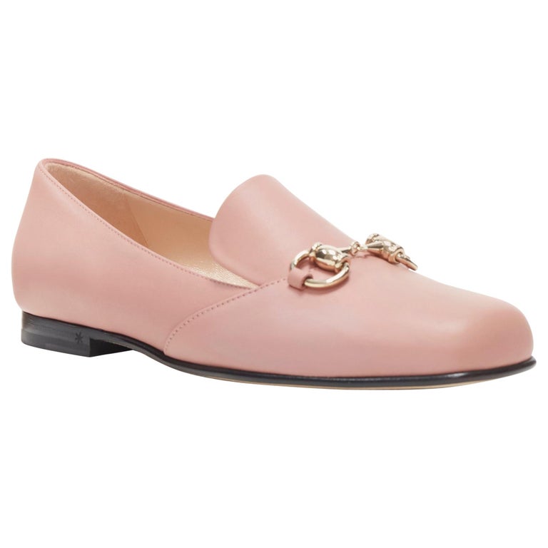 new GUCCI blush pink leather gold horsebit round toe flat loafer shoes ...