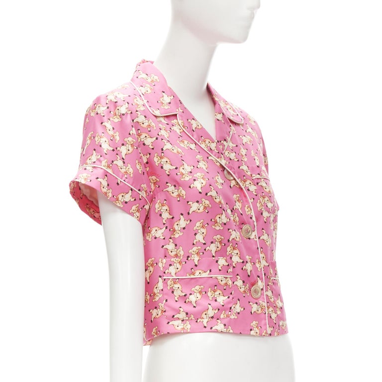 new GUCCI CNY 2019 100% silk pink piggy print cropped pajama shirt IT36 ...