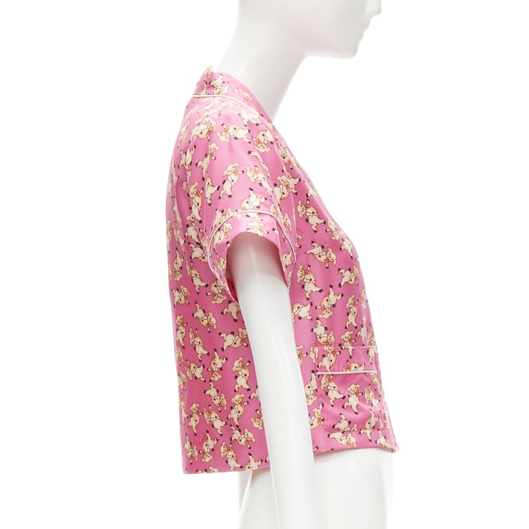 new GUCCI CNY 2019 100% silk pink piggy print cropped pajama shirt IT36 ...