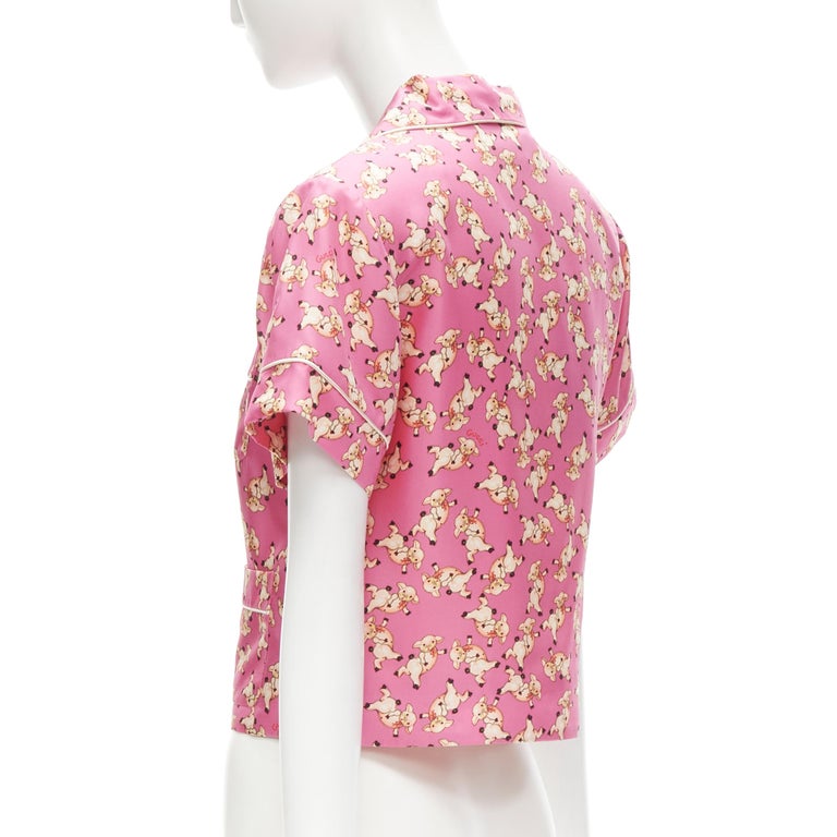 new GUCCI CNY 2019 100% silk pink piggy print cropped pajama shirt IT36 ...