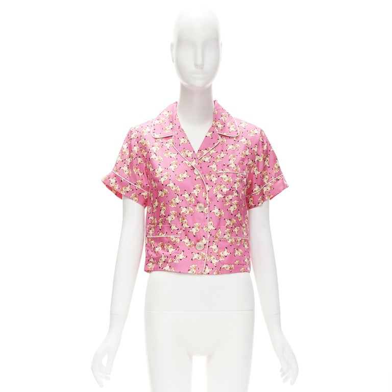 new GUCCI CNY 2019 100% silk pink piggy print cropped pajama shirt IT36 ...