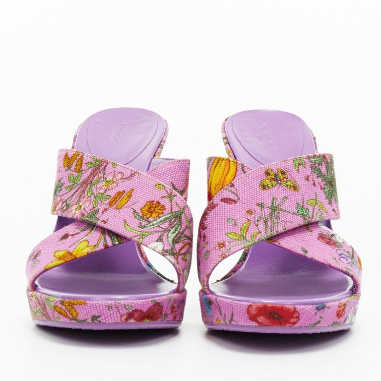 new GUCCI Flora purple floral canvas cross strap platform mule sandals ...