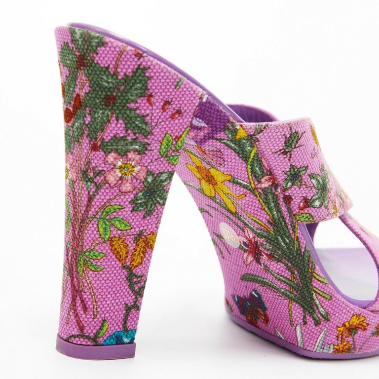 new GUCCI Flora purple floral canvas cross strap platform mule sandals ...