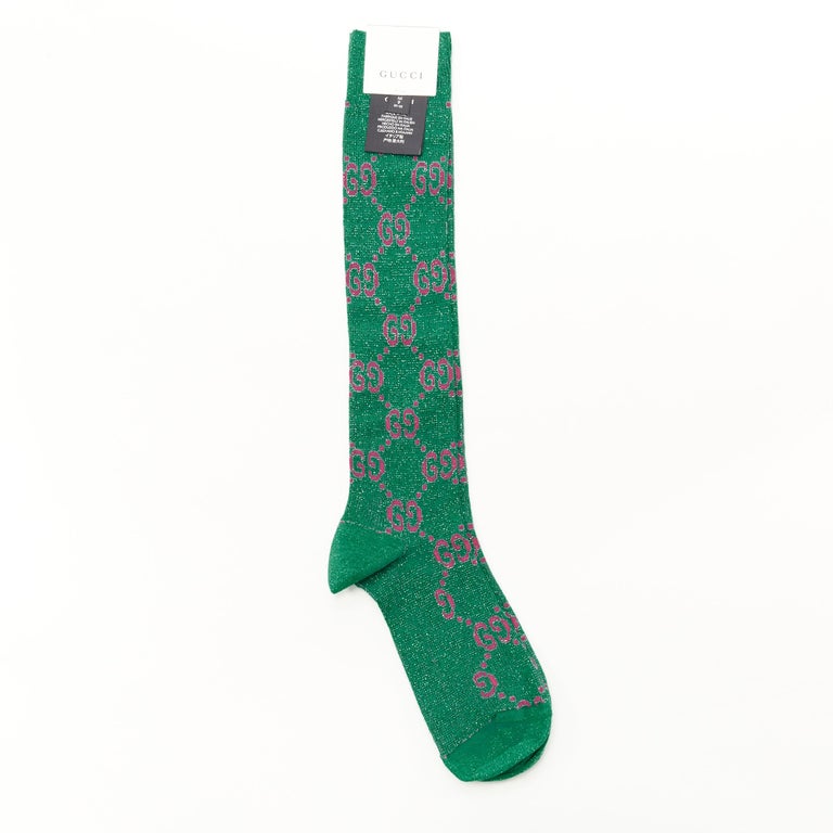 new GUCCI green pink lurex metallic GG monogram long socks M at 1stDibs