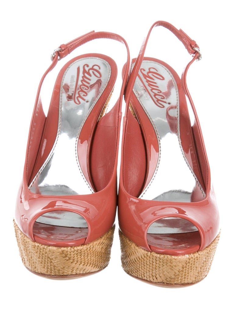 New Gucci Mauve Patent Leather and Wicker Wedge Platform Heels Sz 37.5 ...