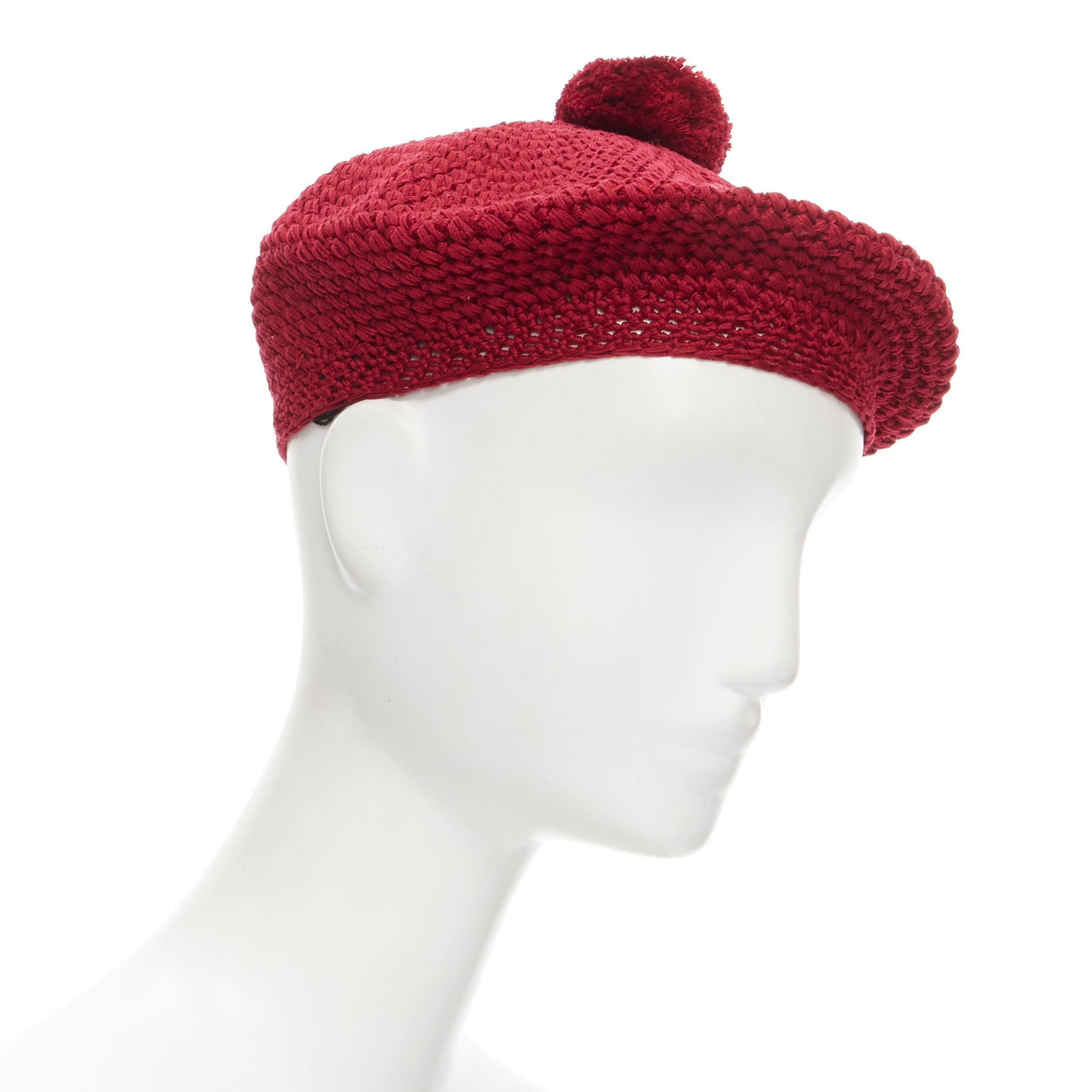 new GUCCI Michele 100% cotton burgundy red pom pom knit beret hat M ...